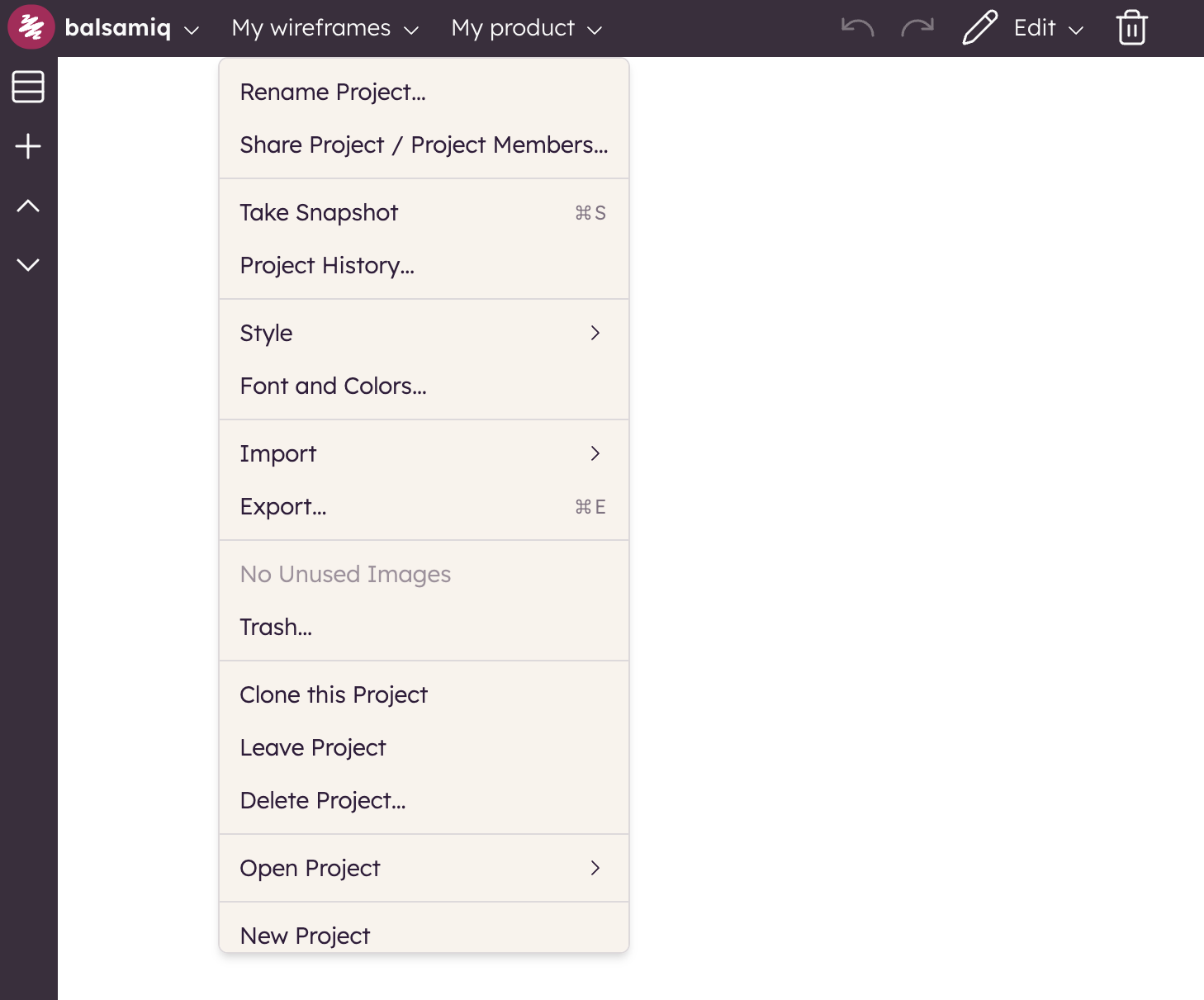 Project actions - Balsamiq documentation